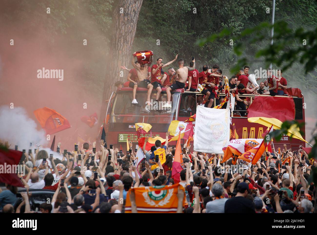 Rome, Italy. 26th May, 2022. Rome, The Roma football team parades on an ...