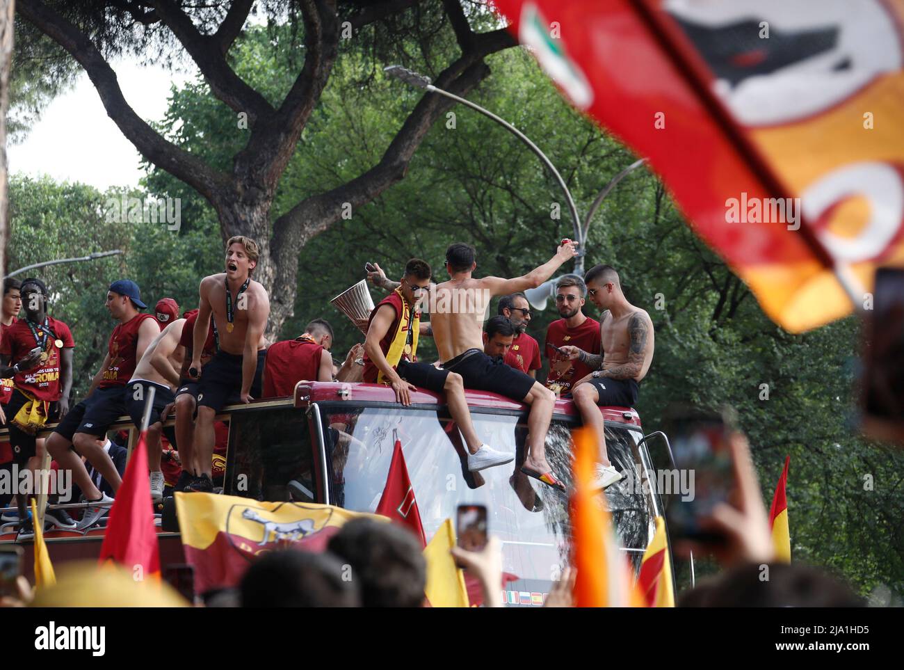 Rome, Italy. 26th May, 2022. Rome, The Roma football team parades on an ...
