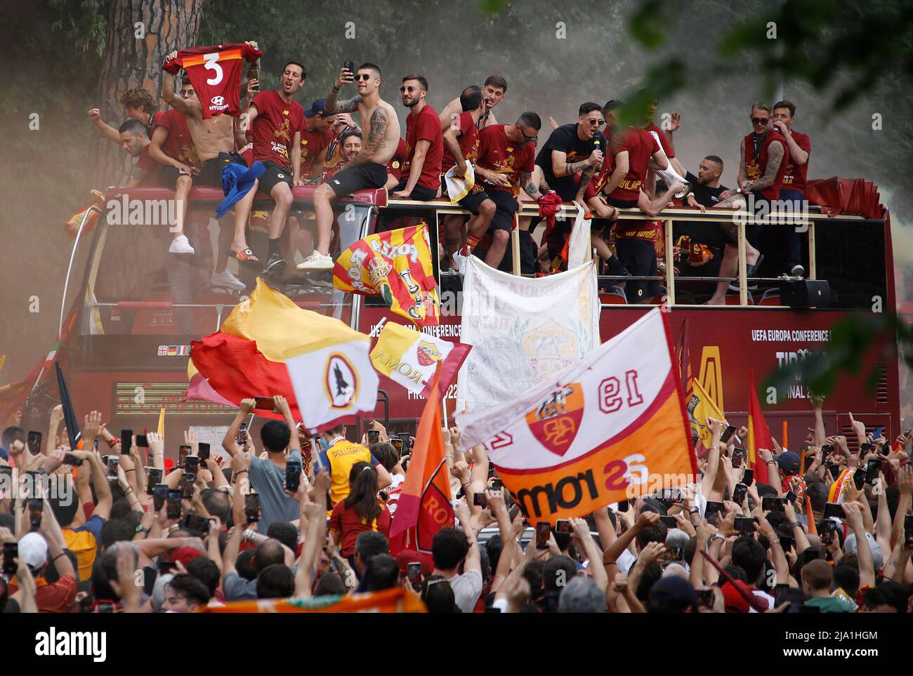 Rome, Italy. 26th May, 2022. Rome, The Roma football team parades on an ...