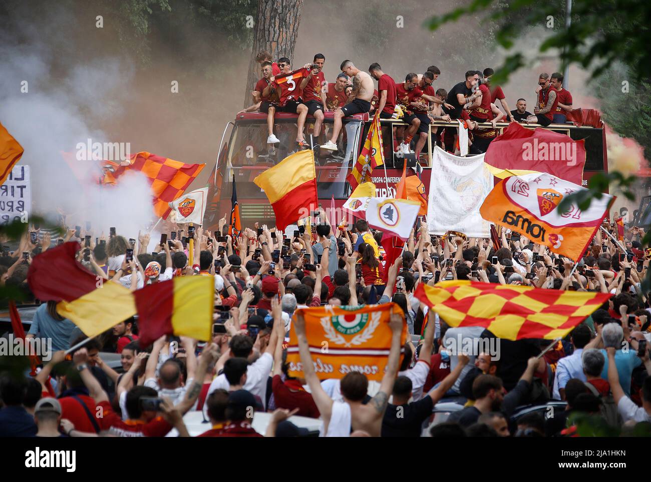 Rome, Italy. 26th May, 2022. Rome, The Roma football team parades on an ...