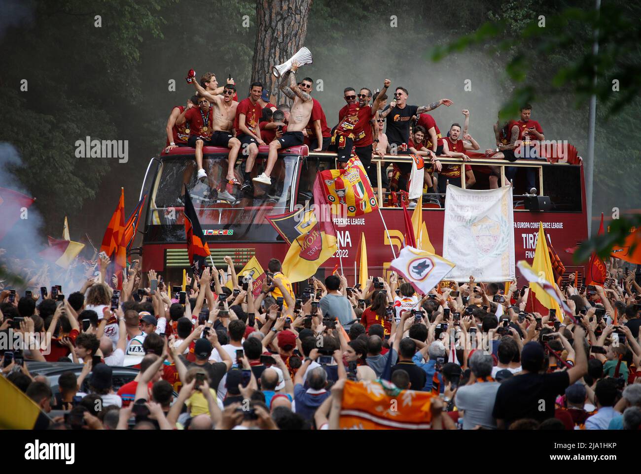 Rome, Italy. 26th May, 2022. Rome, The Roma football team parades on an ...