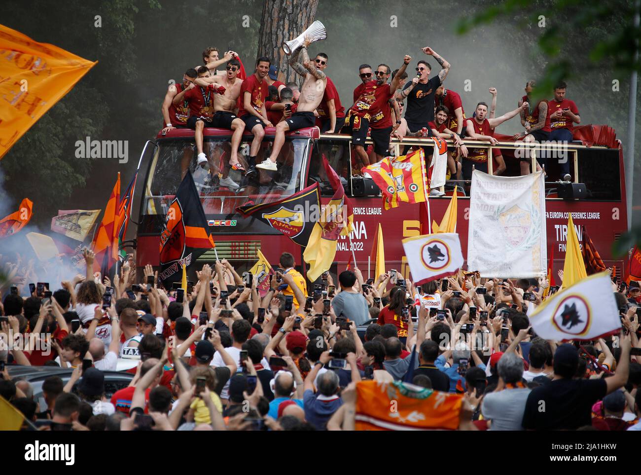 Rome, Italy. 26th May, 2022. Rome, The Roma football team parades on an ...