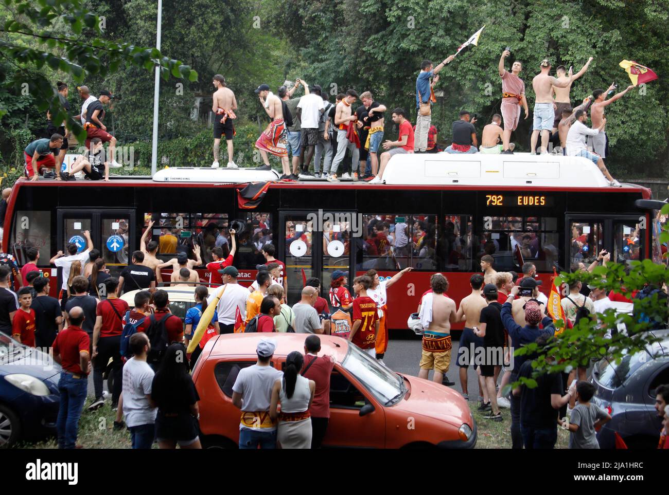 Rome, Italy. 26th May, 2022. Rome, The Roma football team parades on an ...