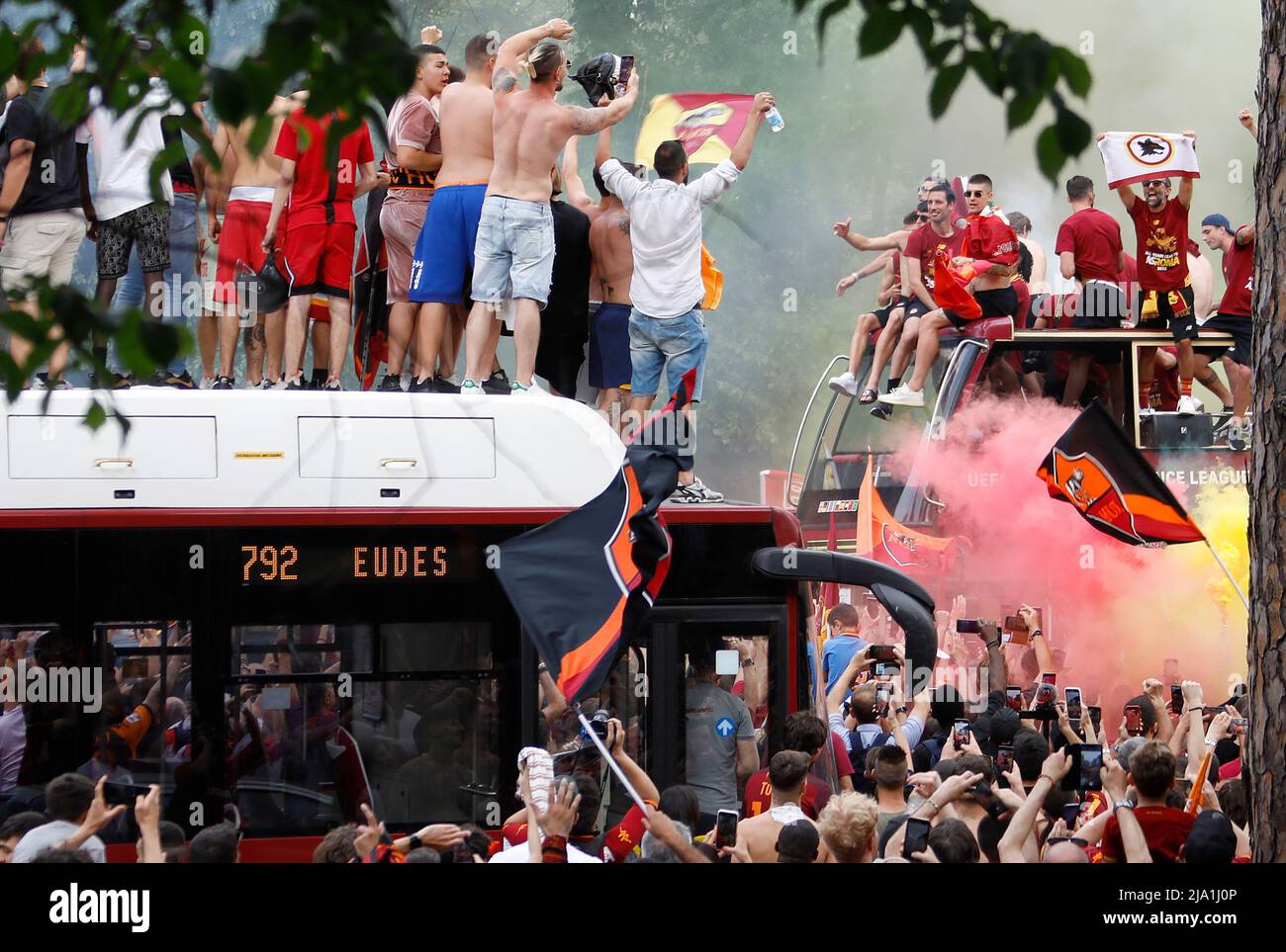 Rome, Italy. 26th May, 2022. Rome, The Roma football team parades on an ...