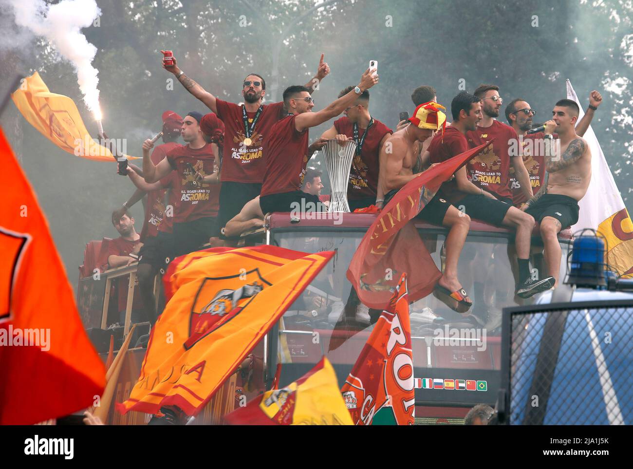 Rome, Italy. 26th May, 2022. Rome, The Roma football team parades on an ...
