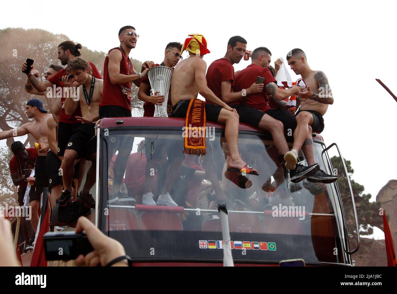 Rome, Italy. 26th May, 2022. Rome, The Roma football team parades on an ...