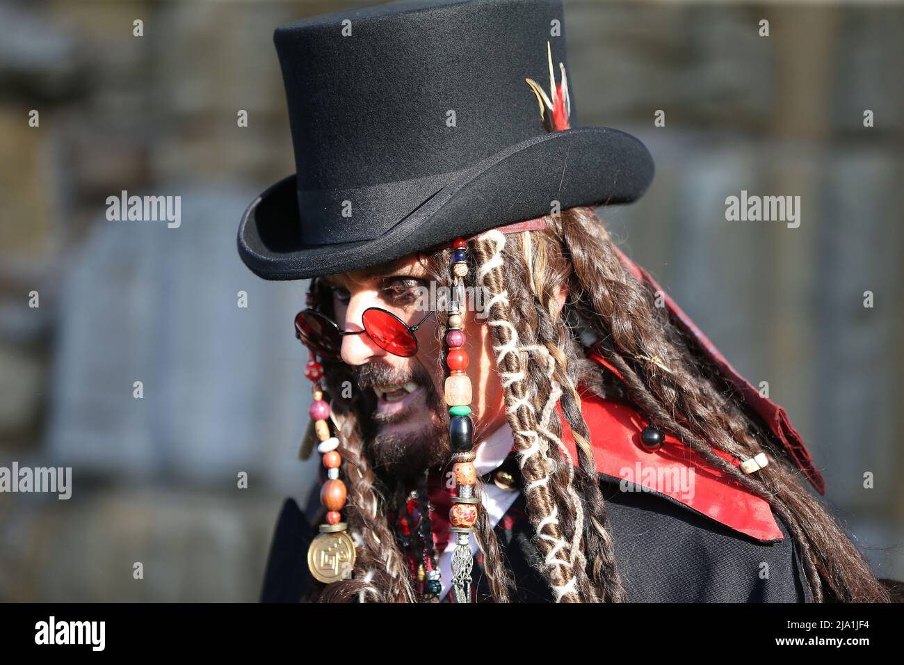 A person dressed as Vampires at Whitby Abbey in Whitby, Yorkshire, as ...