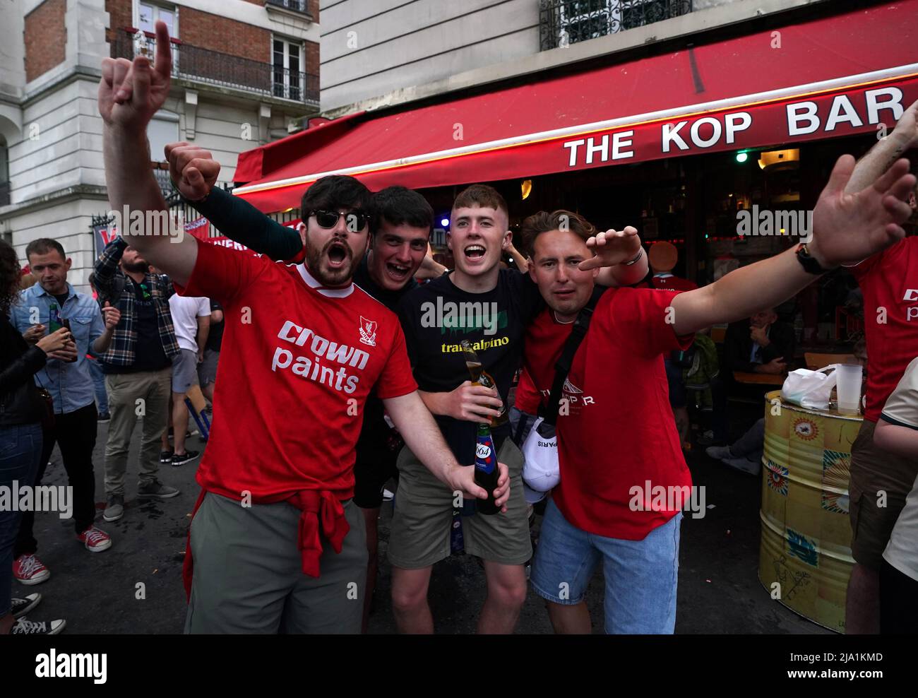 Liverpool fans pose for a photo at The Kop Bar in Paris ahead of ...