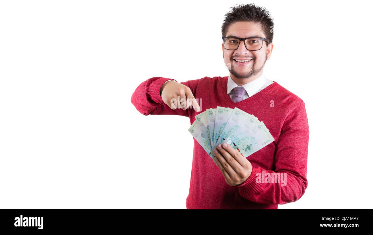 latin man pointing Colombian money , red sack, businessman or ...