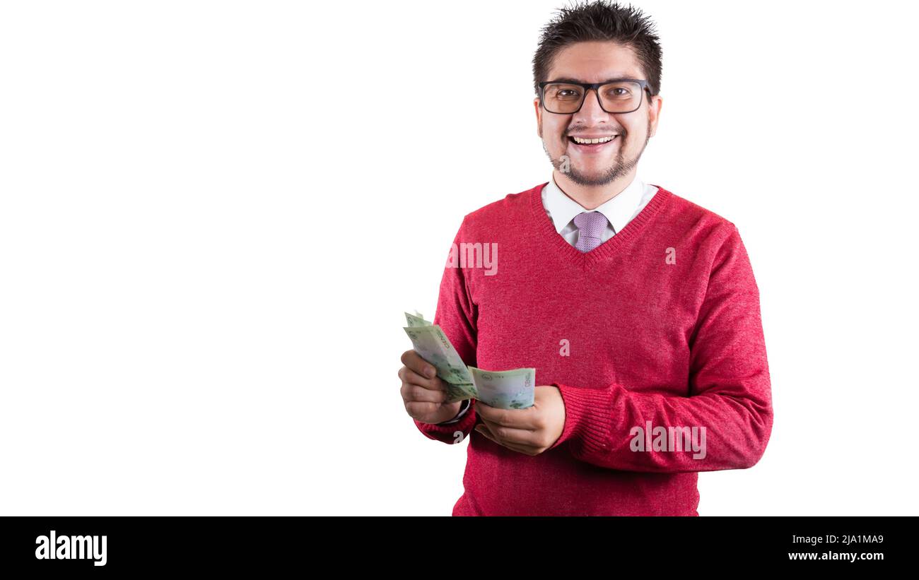 latin man counting colombian money , red sack, businessman or ...