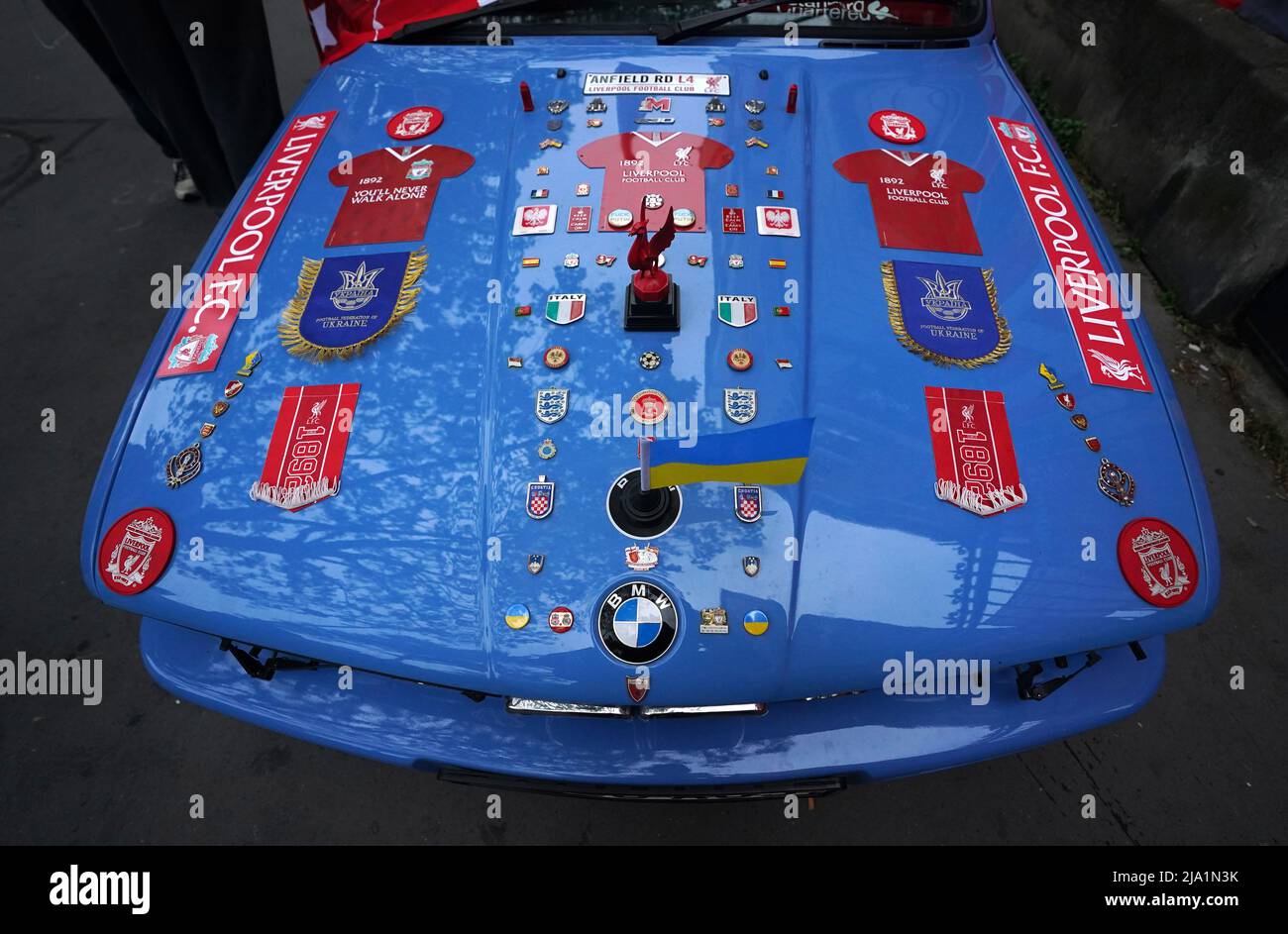 A view of the badges and detail on Liverpool fans Mel Singh's car in ...