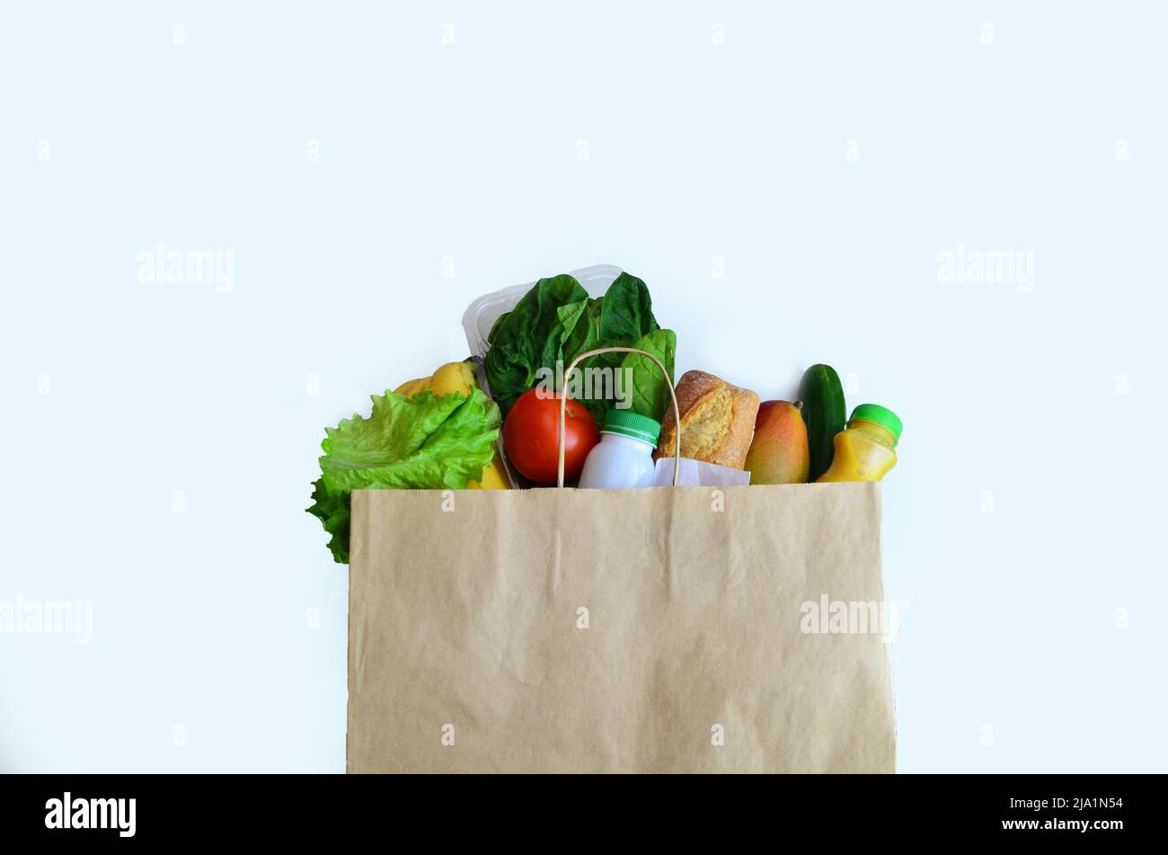 Healthy food in package of different fruits and vegetables, top view ...