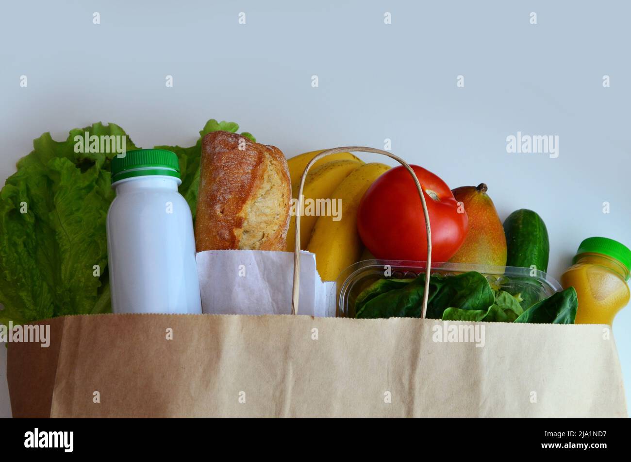 Healthy food in package of different fruits and vegetables, top view ...