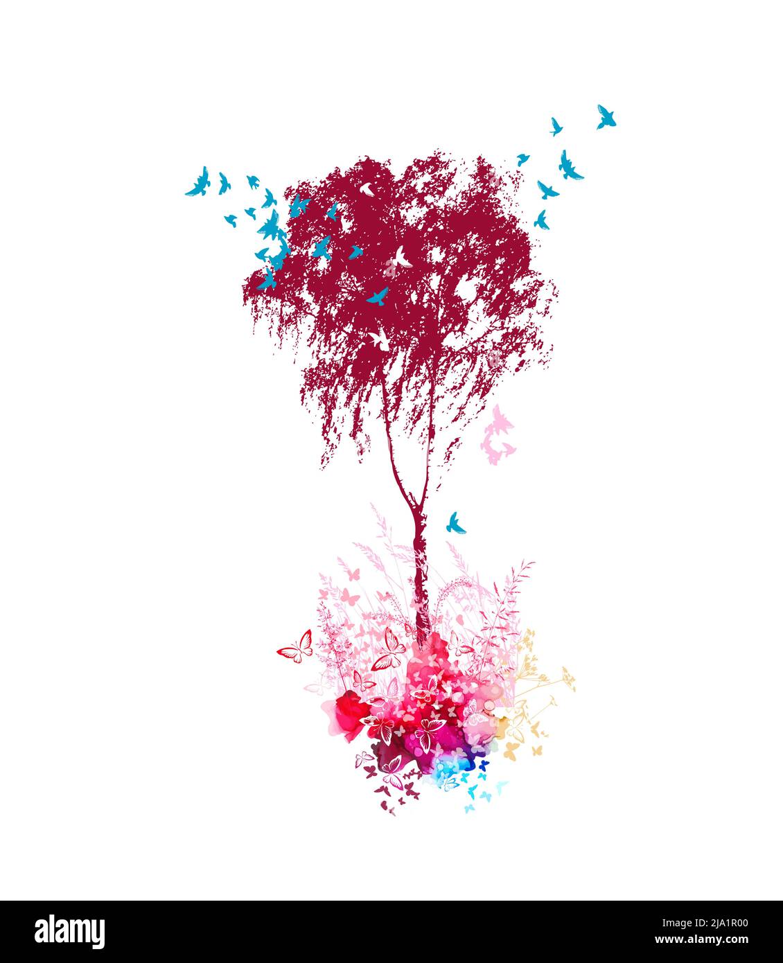 Abstract nature. Tree and flying birds. birch pink abstraction. Vector ...