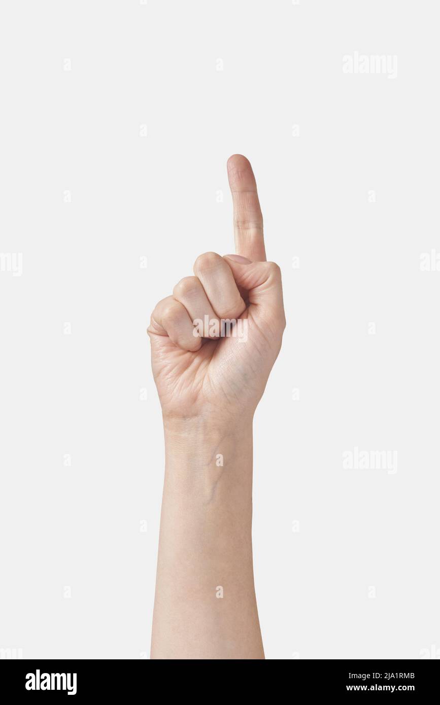 Counting on fingers female hand, number one on white Stock Photo - Alamy