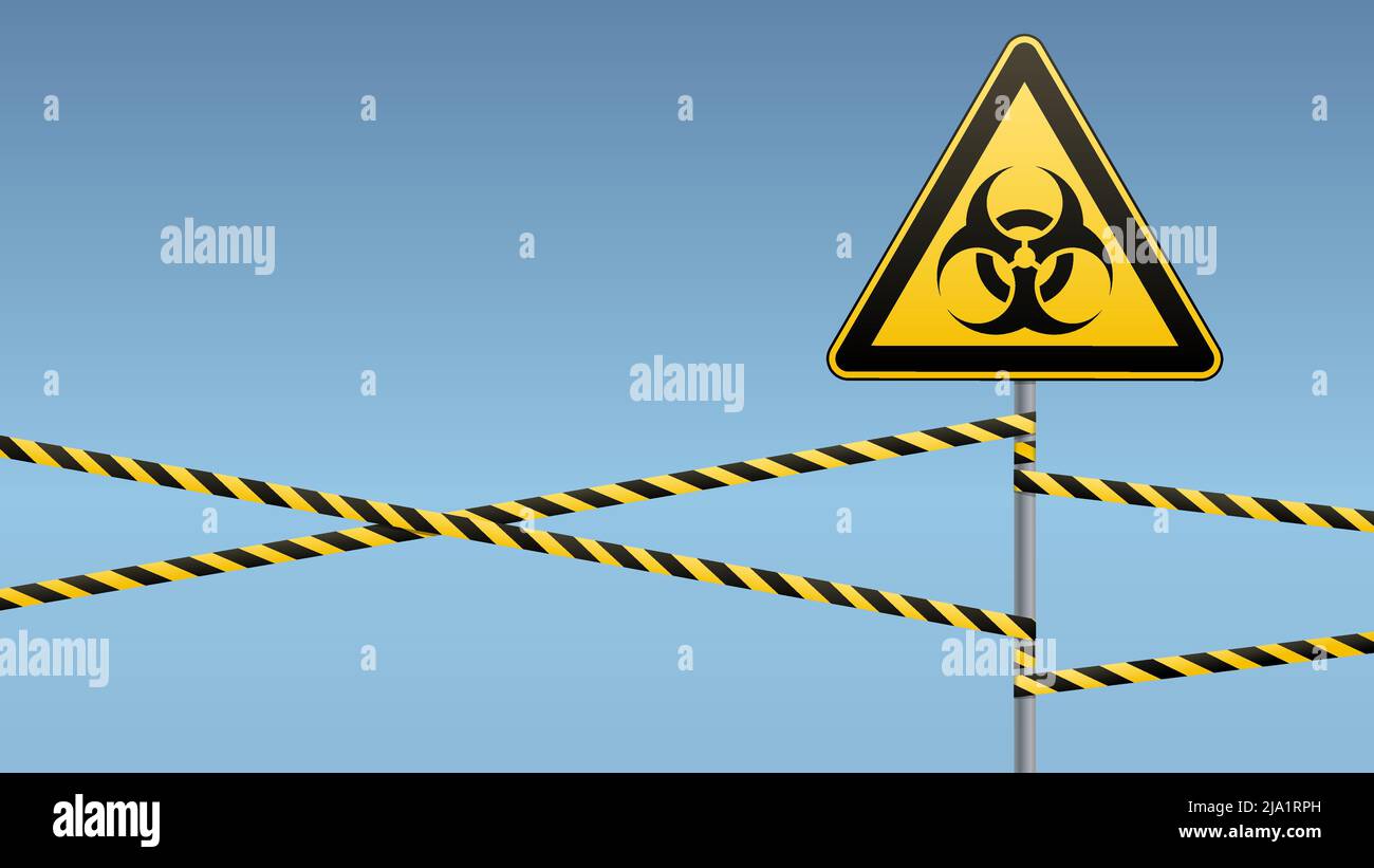Warning sign. Biological hazard. Fenced danger zone. A pillar with a ...