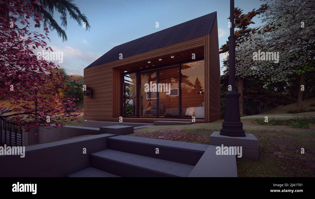 wooden house exterior front view elegant window architecture design 3d ...