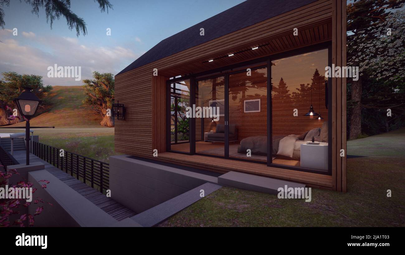 wooden house exterior nature view elegant window architecture design 3d ...