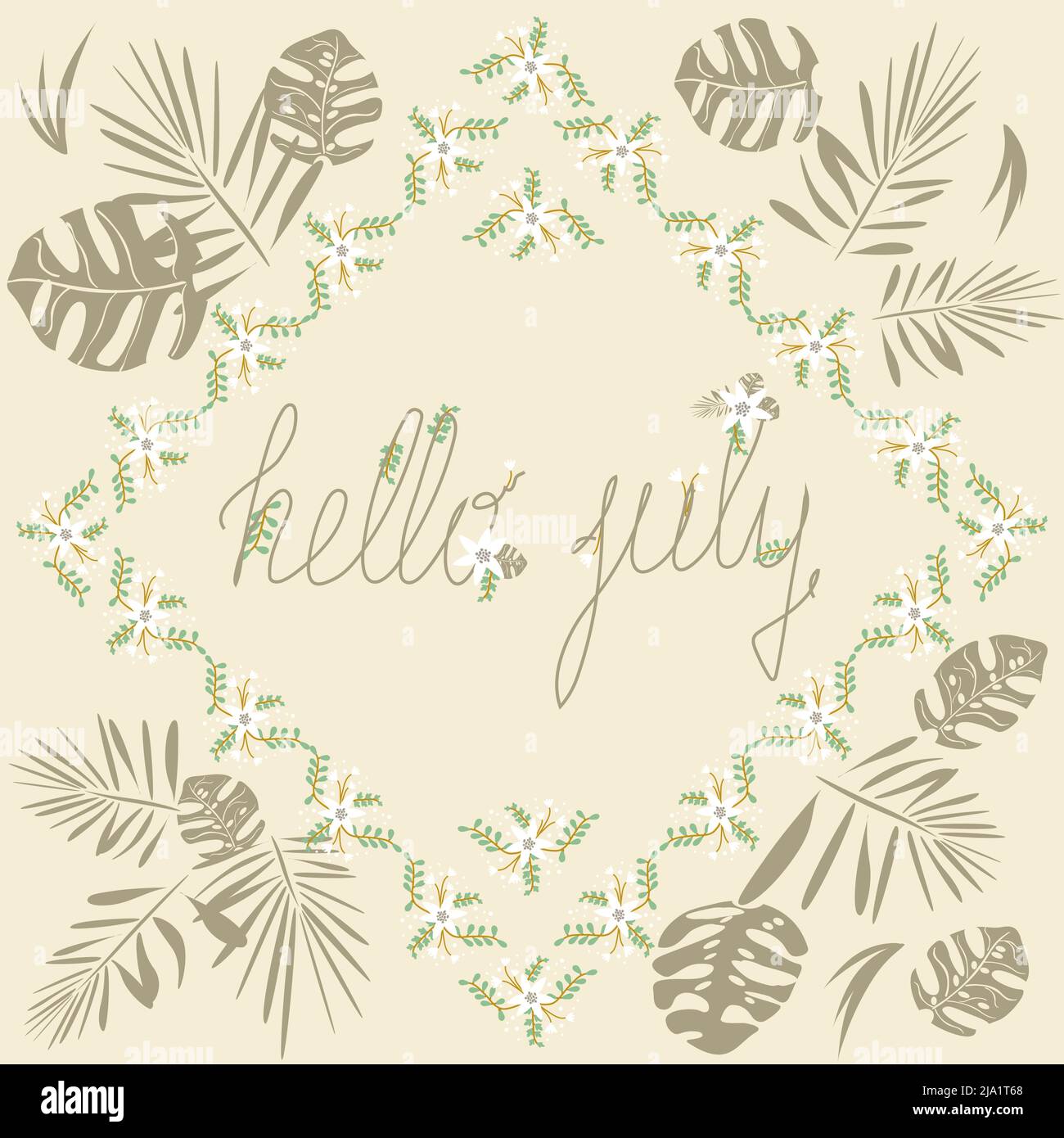 banner Hello, July in a frame of white flowers on a light background ...