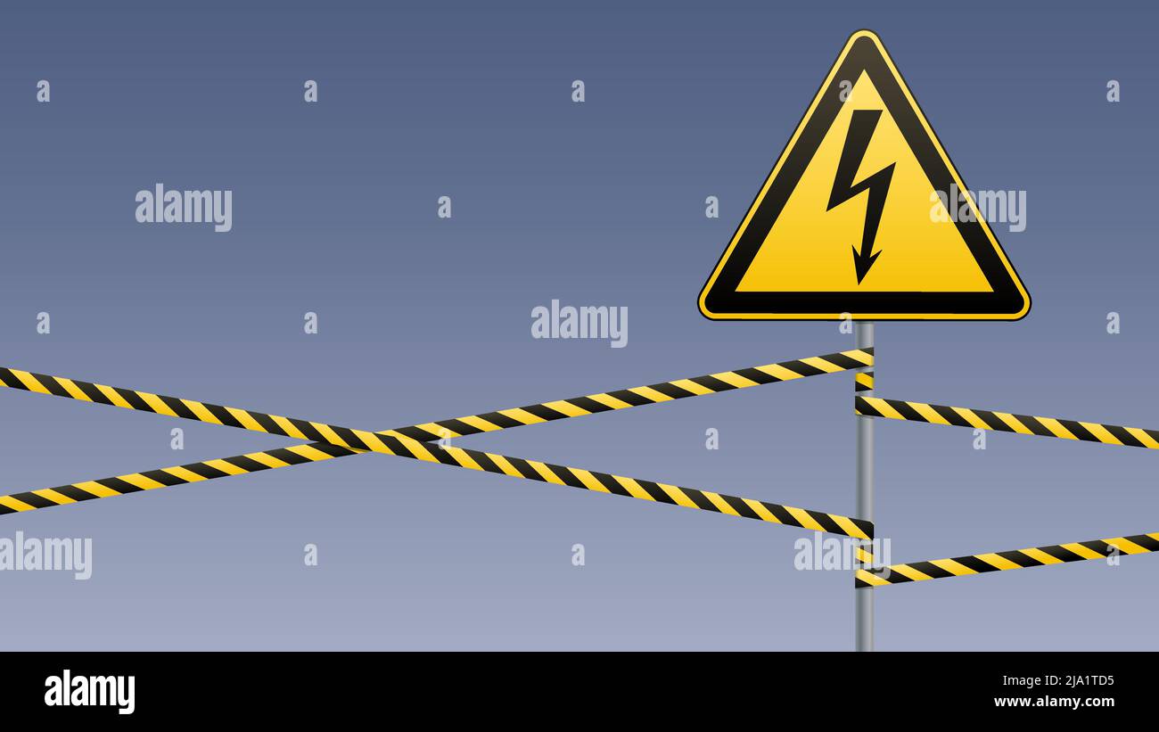 Warning sign. Electrical hazard. Fenced danger zone. pillar with sign ...