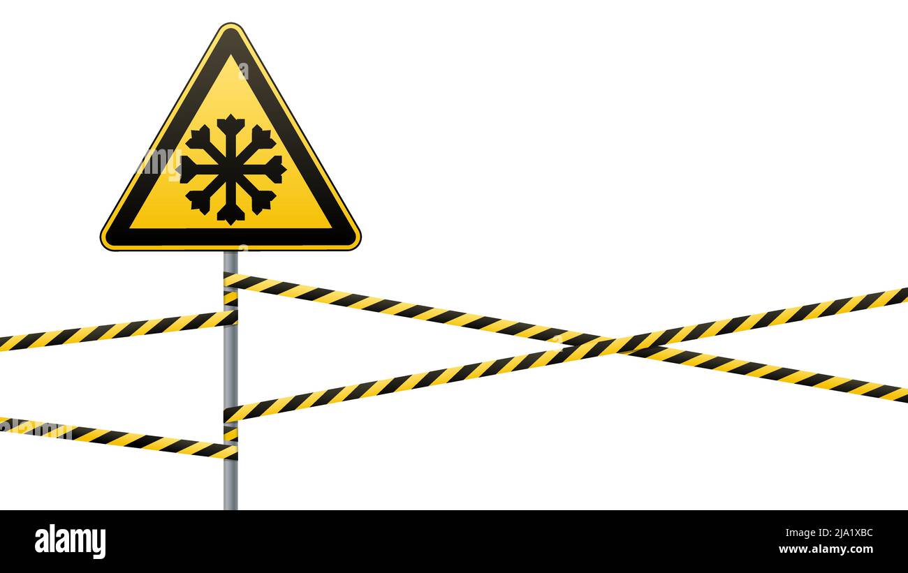 Carefully cold. Warning sign safety. pillar with sign and warning bands ...