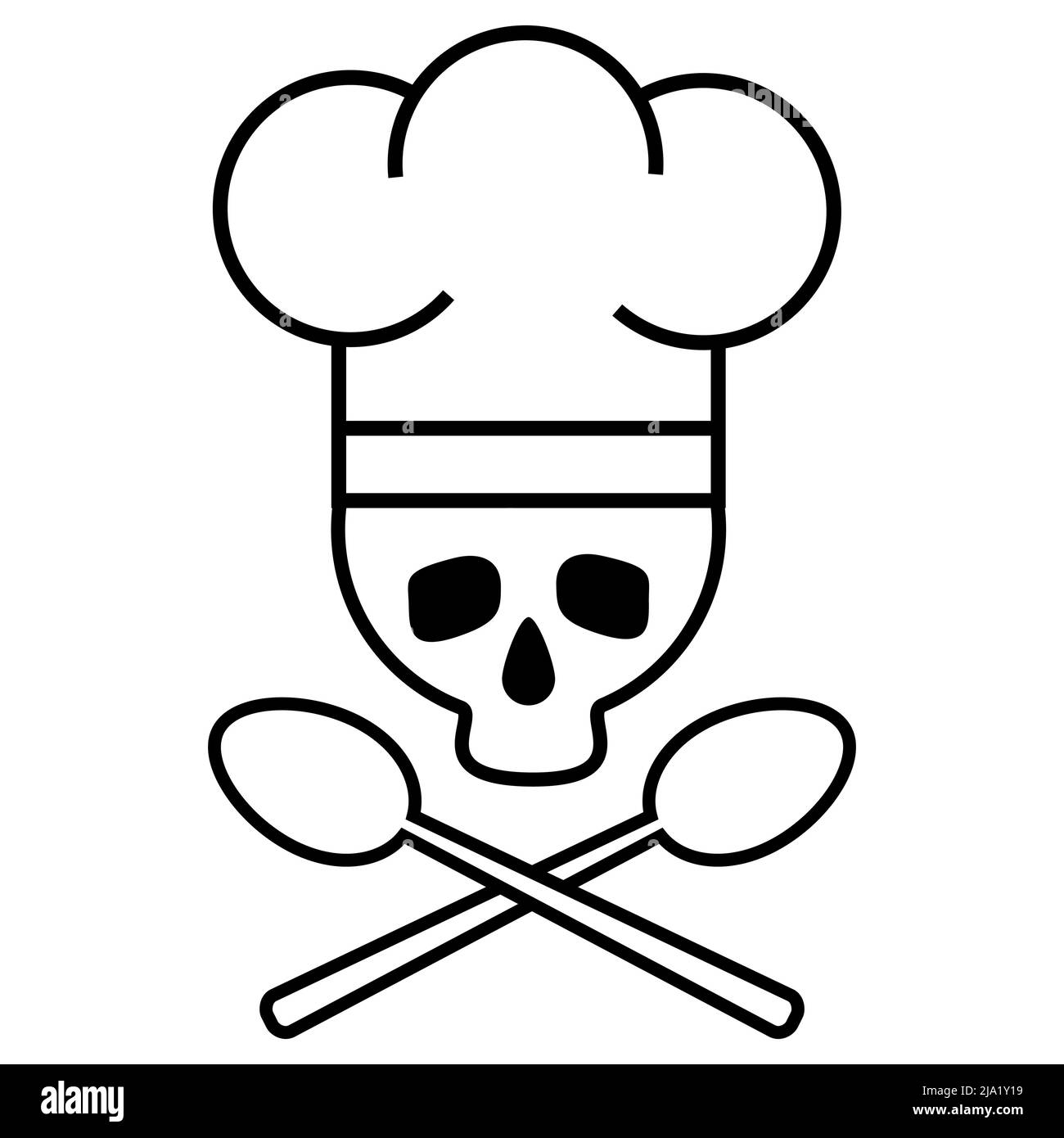 Skull chef in chef s hat with crossed spoons. Logo, icon. Black-and ...