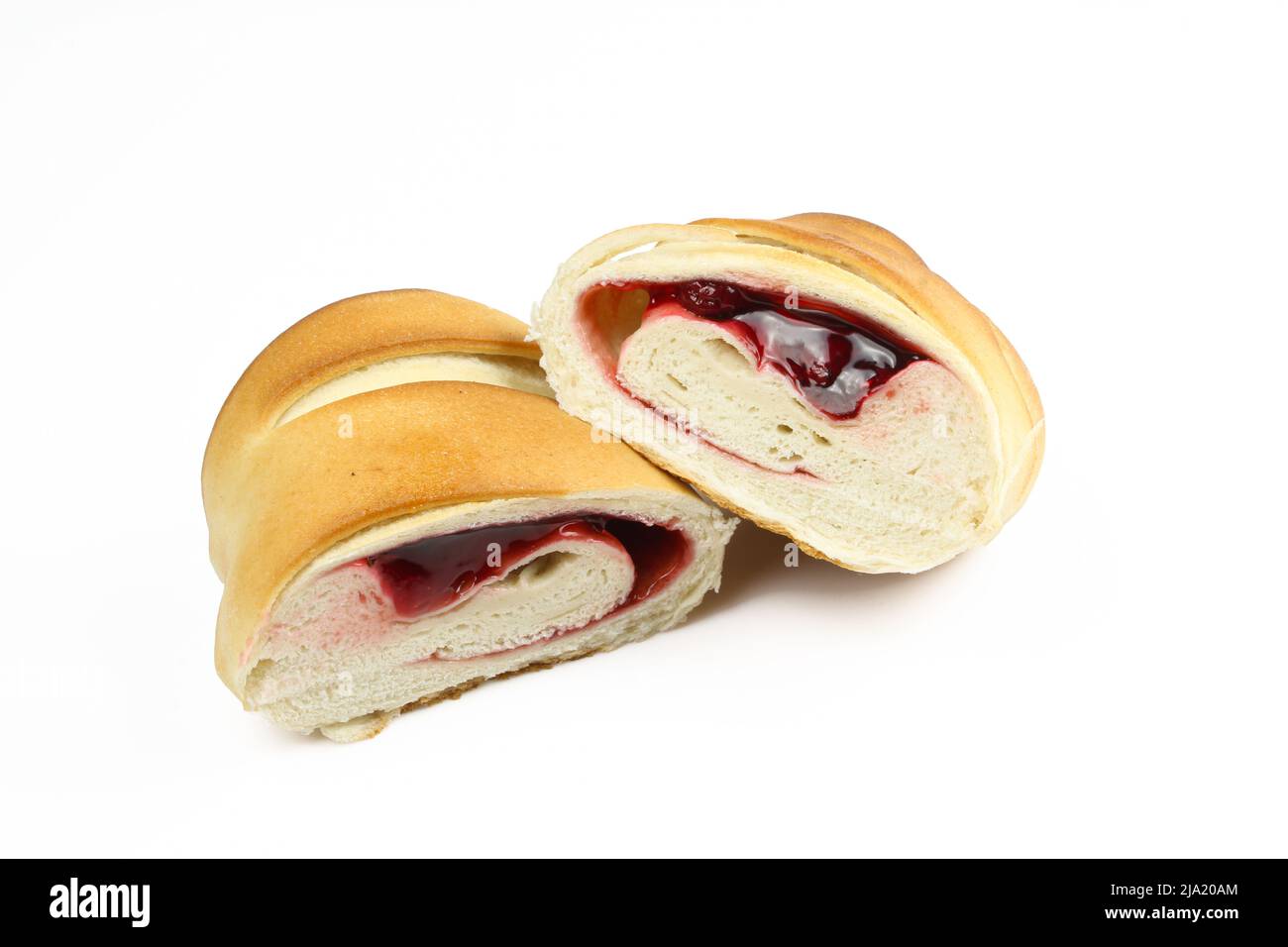 Sliced sweet pastry stuffed with fruity filling and isolated on white ...
