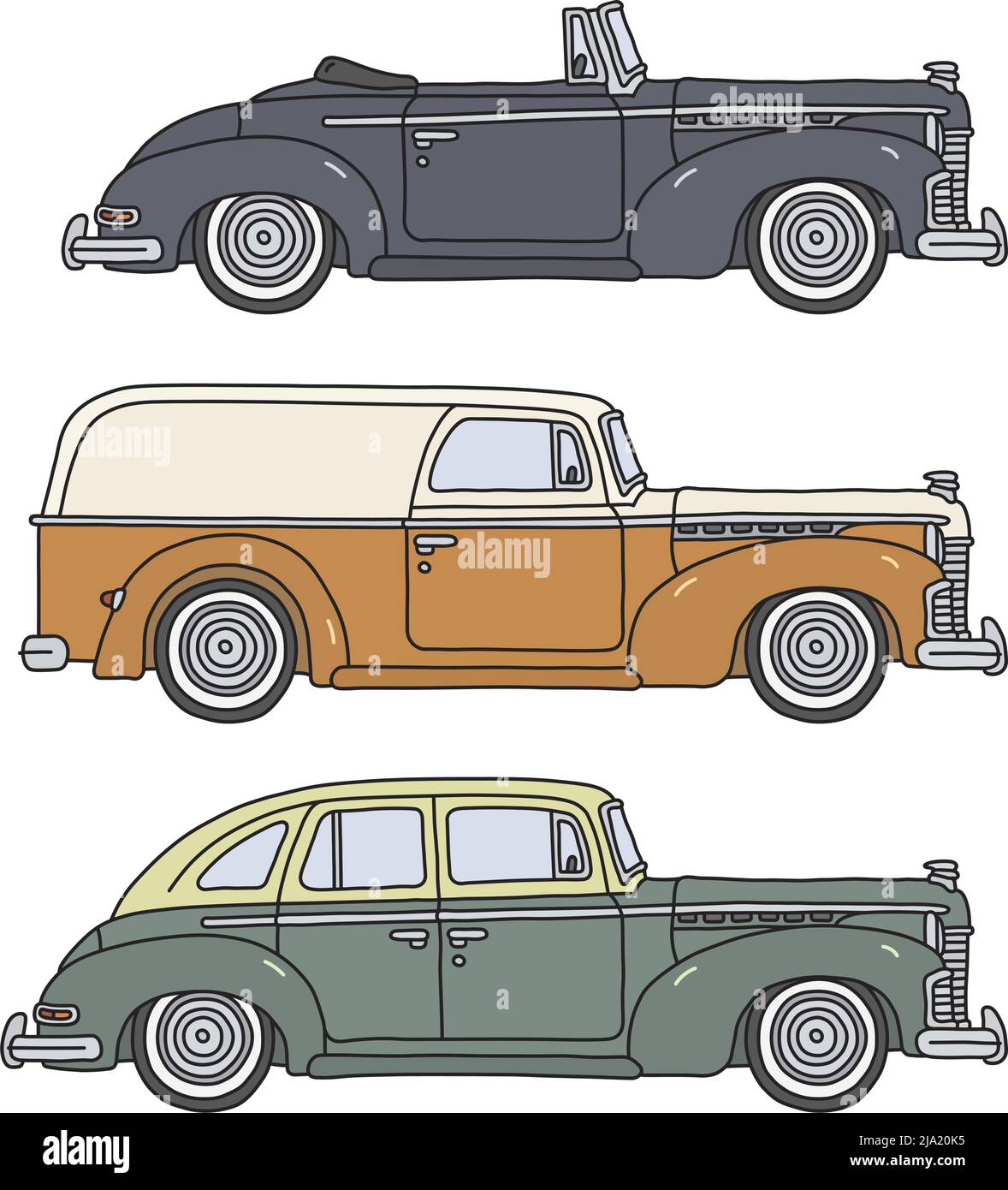 The vectorized hand drawing of three retro american cars Stock Vector ...