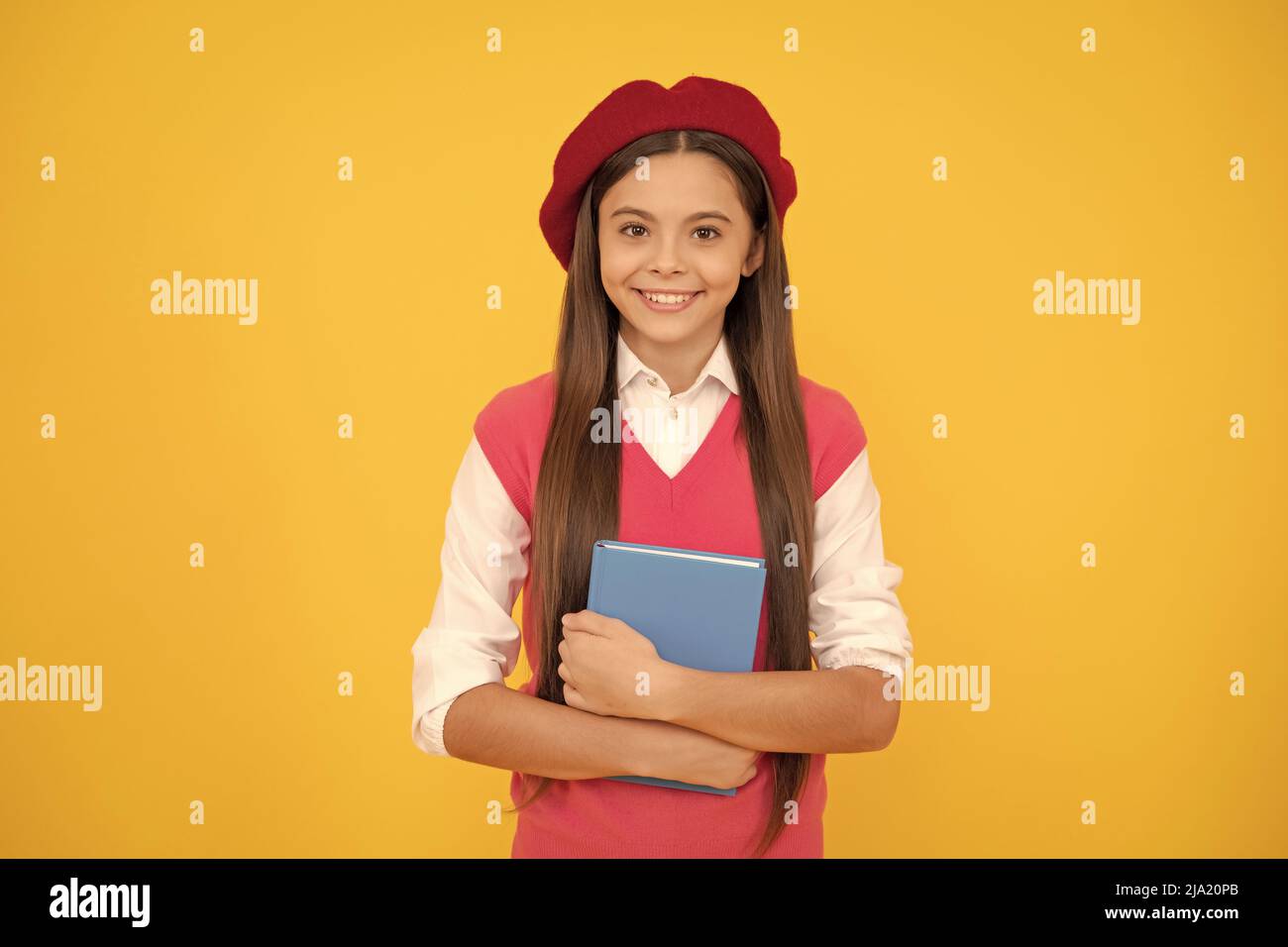 study exam. cheerful kid in beret ready to study. smiling child with ...