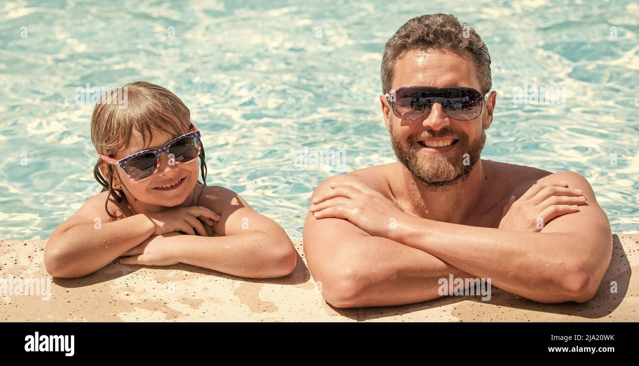 happy family of dad and son having fun in summer swimming pool, summer ...