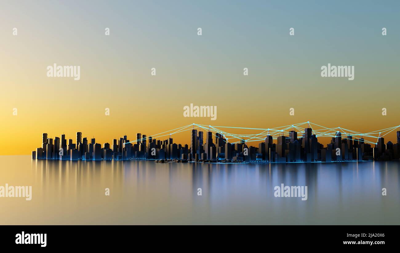 Modern smart city skyline at sunset. Internet, decentralized networks ...