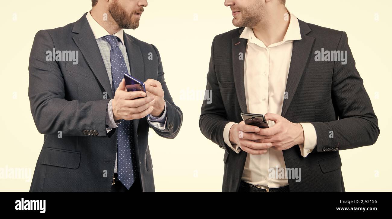 cropped men discuss holding smartphone in hands isolated on white ...