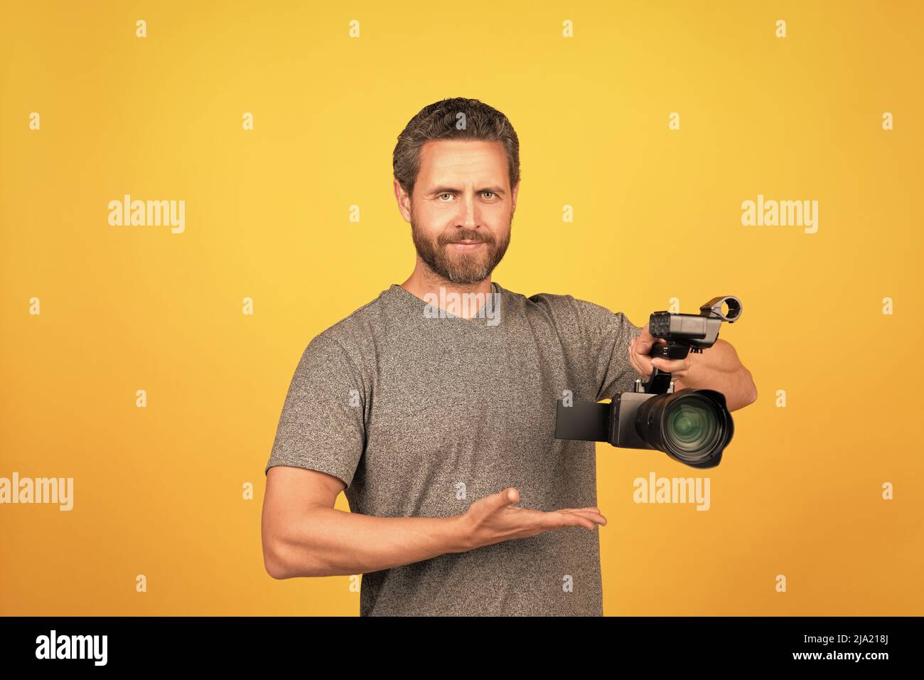 professional filmmaker hold videocamera. cinematography. backstage of ...