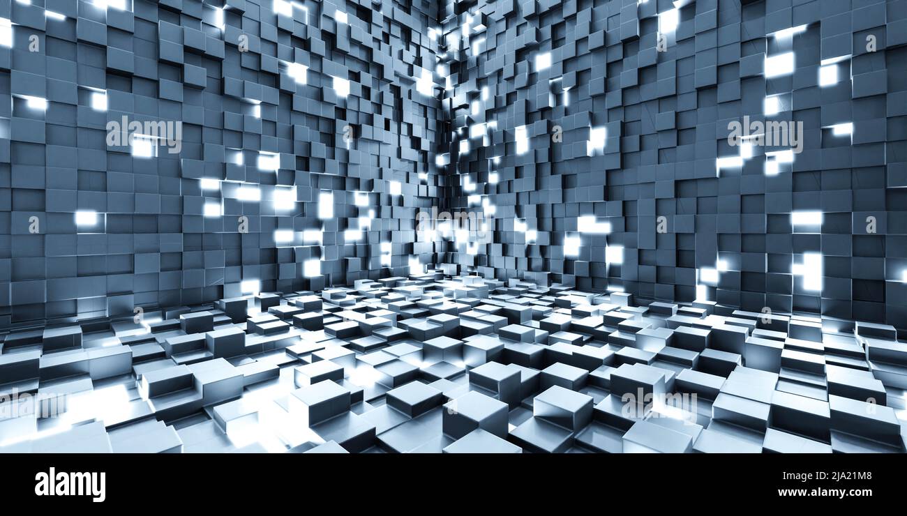 future architecture studio with bright led lights and cubic walls 3d ...