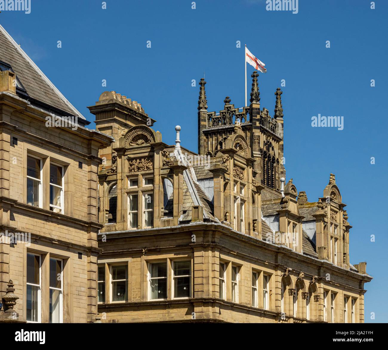 Ornate upper storey of the grade II listed Kirkgate Buildings, in ...