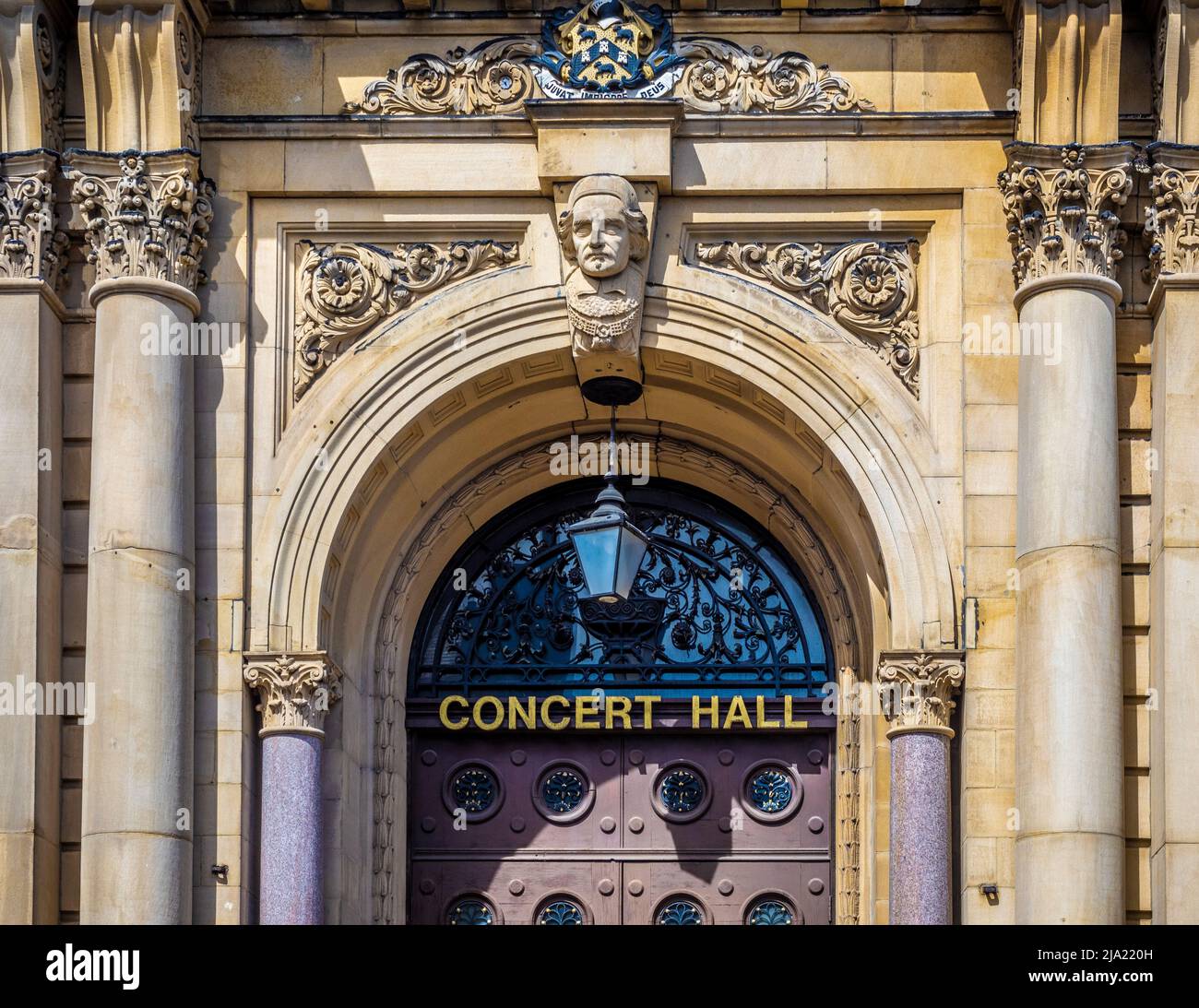 Entrance to Huddersfield Concert Hall, part of the grade II listed Town ...