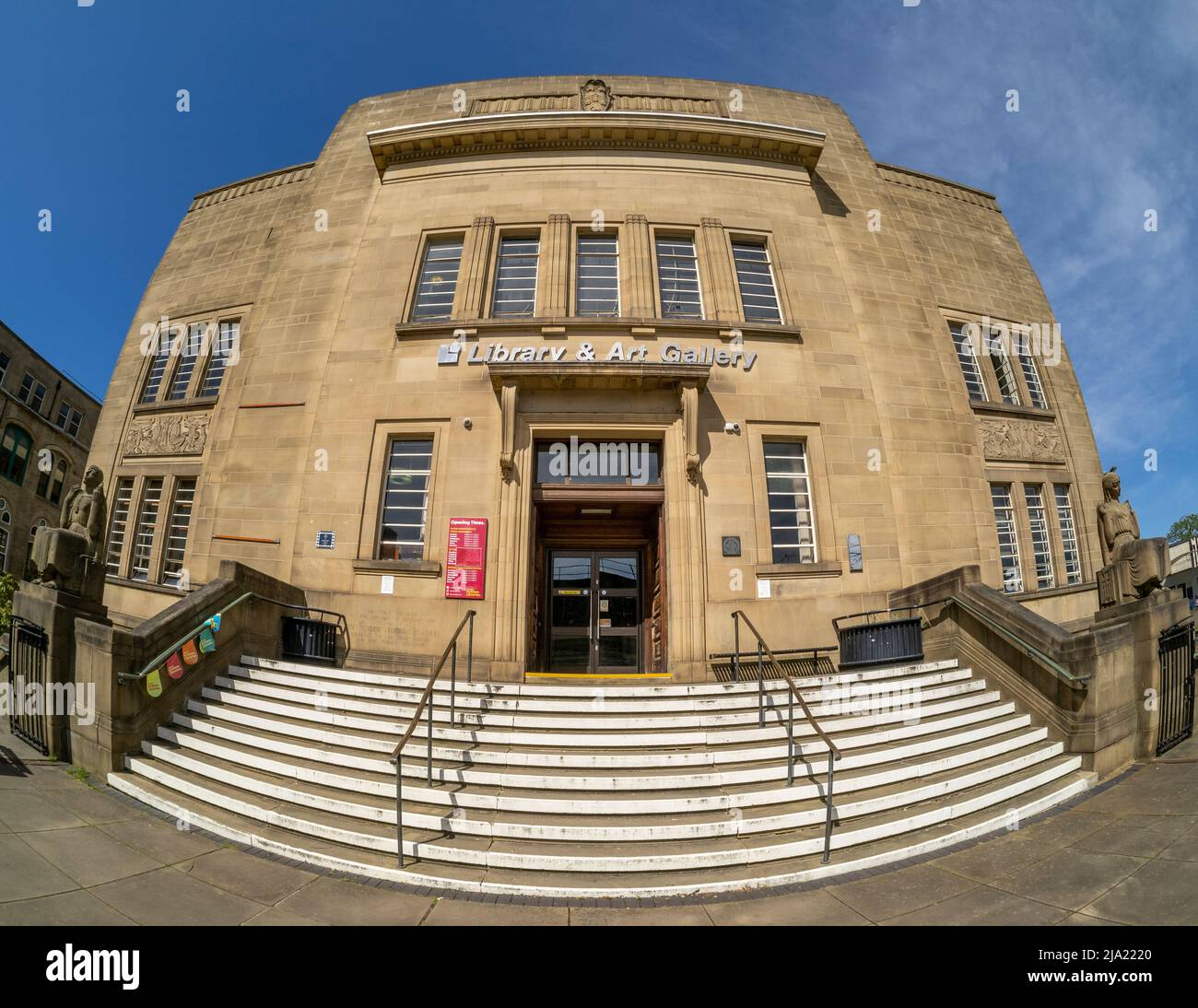 Fisheye lens shot of the exterior façade of Huddersfield Library and ...