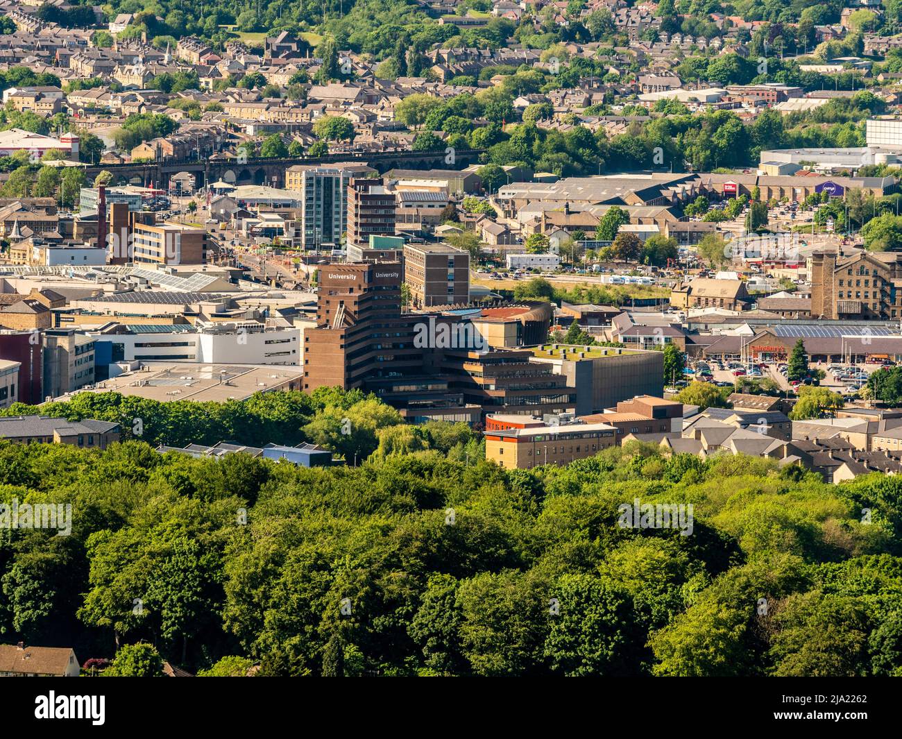 Aerial view of Huddersfield town seen from Castle Hill. West Yorkshire ...