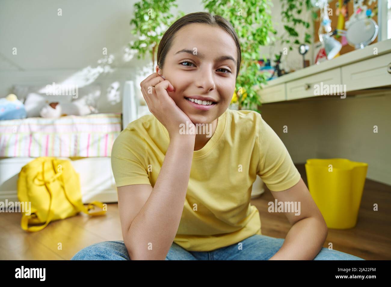 Teenage female student having video call, looking at webcam Stock Photo ...