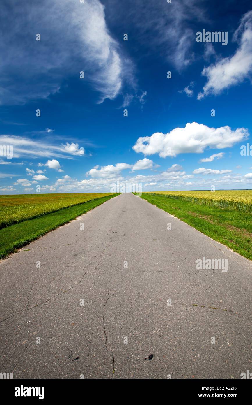 paved highway with blue sky and clouds, a highway through a field with ...