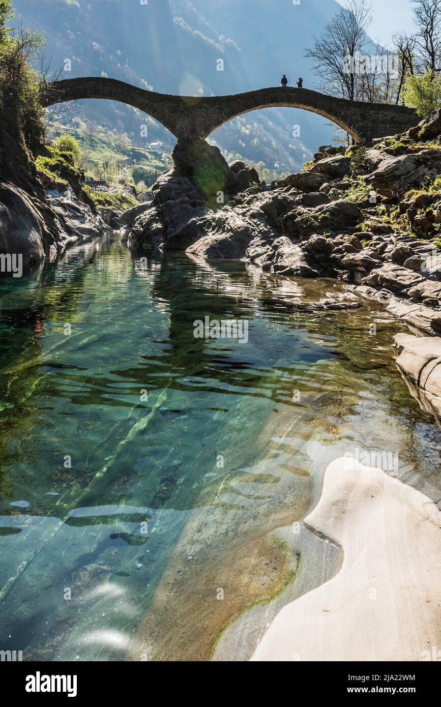 Old Roman bridge Ponte dei Salti over Verzasca, Lavertezzo, Verzascatal ...