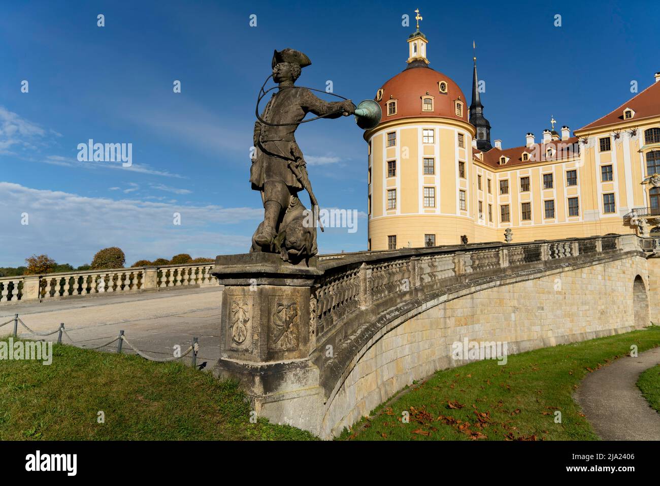 Sandstone figure, staircase, driveway, Moritzburg Castle, detail ...
