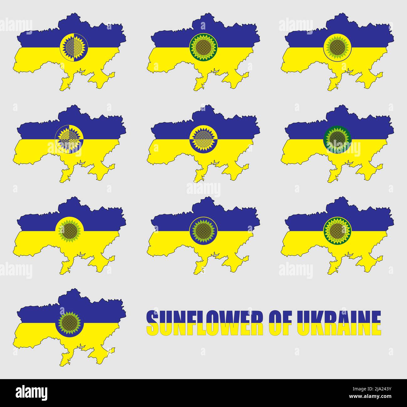 Set of sunflower icons on the map of Ukraine in the colors of the ...