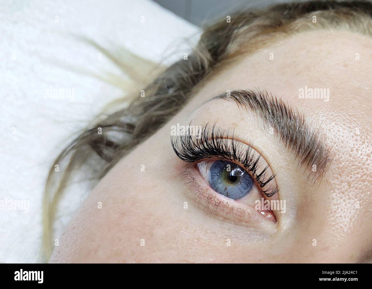 Eyelash extensions in beauty salon macro eye Stock Photo - Alamy