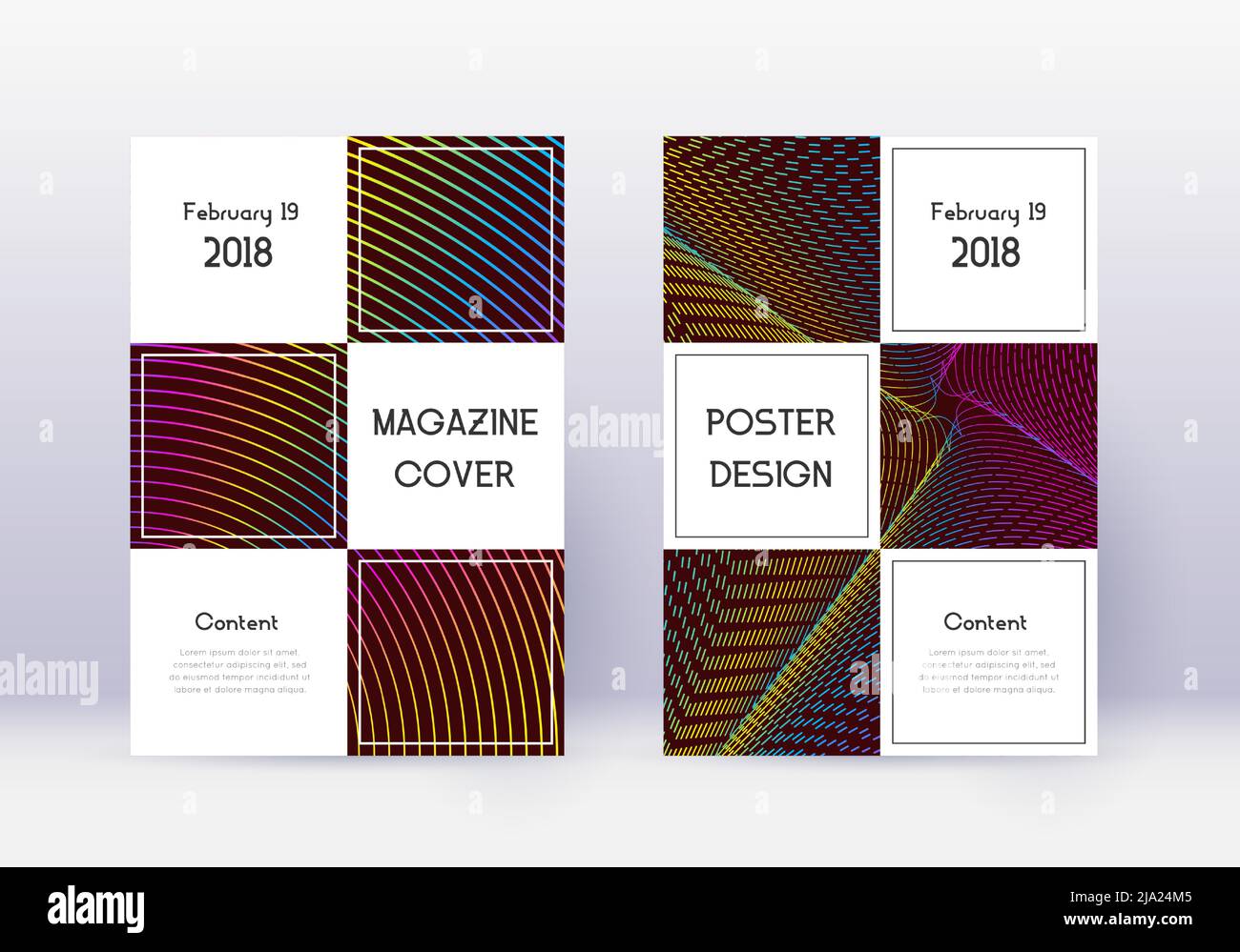 Business cover design template set. Rainbow abstract lines on wine red ...