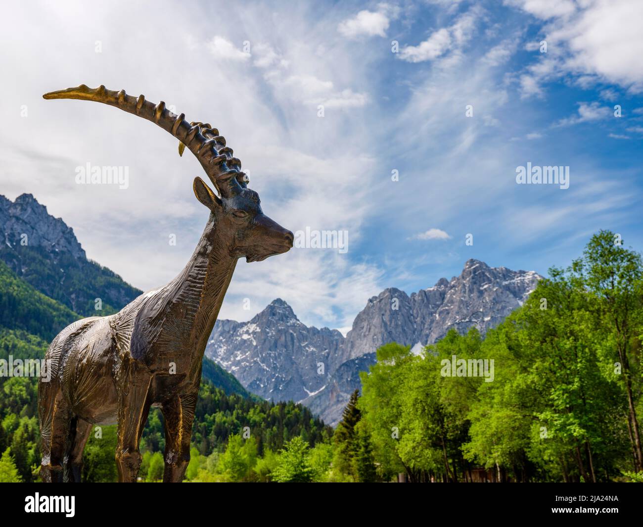 Ibex sculpture at Jasna Lake near Kranjska Gora, Triglav National Park ...