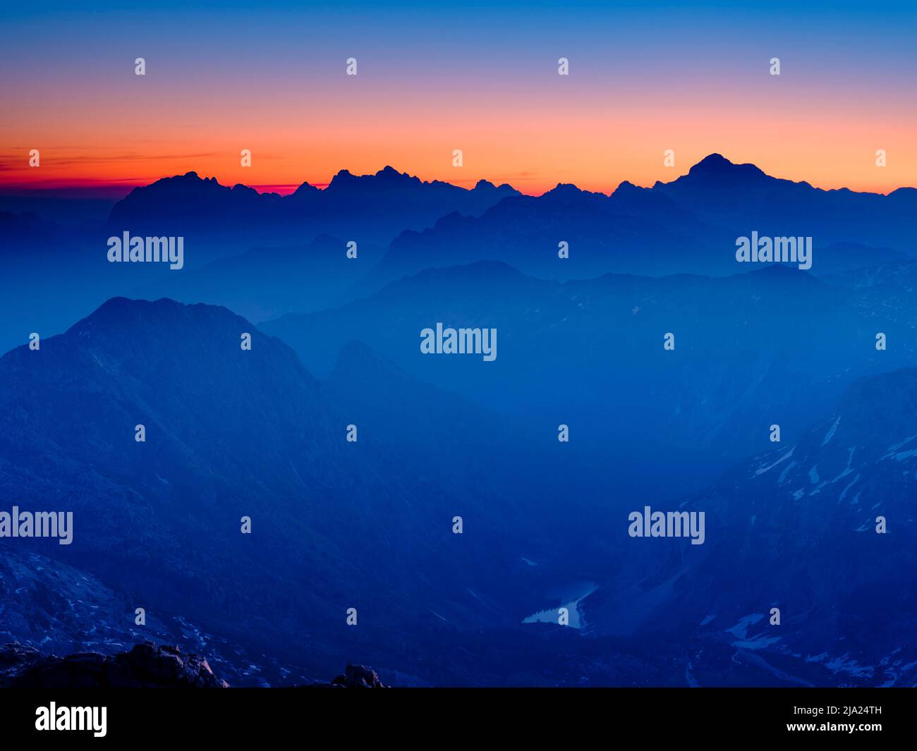 Dawn on the summit of Krn, 2. 244m, Triglav National Park, Julian Alps ...