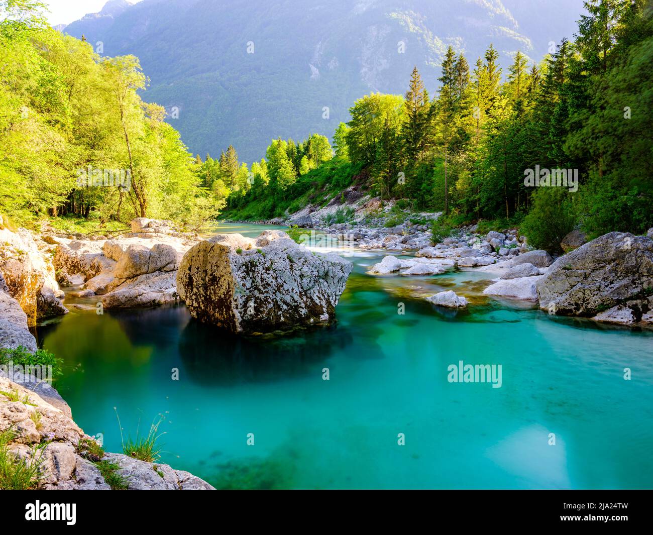 Emerald green Soca River, Soca Valley, Triglav National Park, Bovec ...