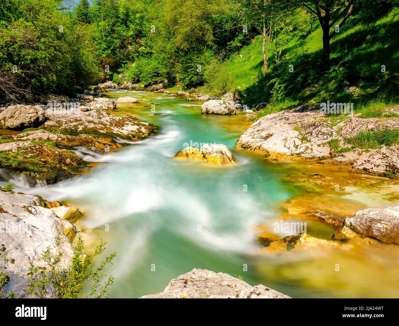 Emerald green Soca River, Soca Valley, Triglav National Park, Bovec ...