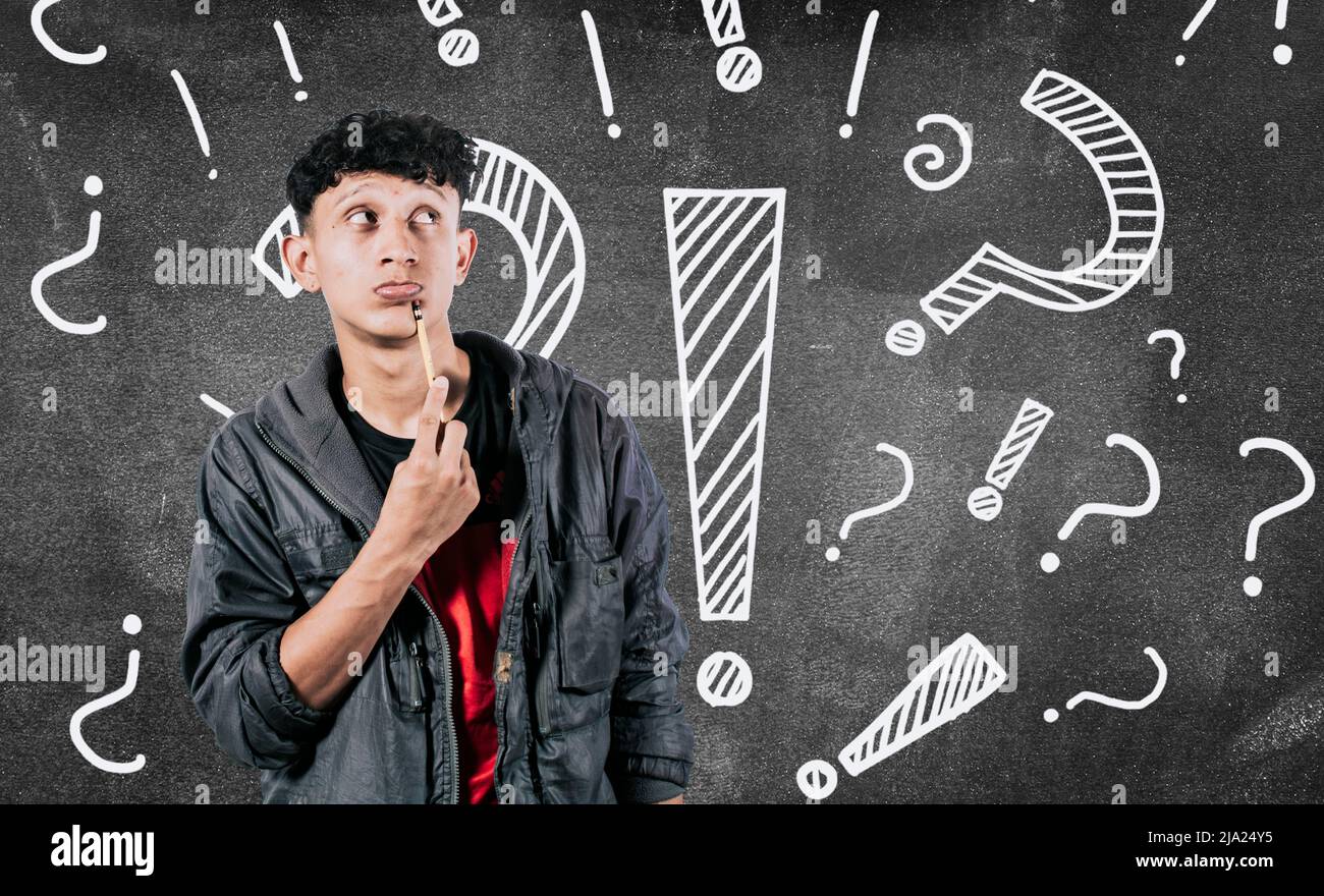 Thoughtful people looking up with exclamation marks, Thoughtful man ...